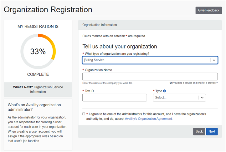 Register an organization in Availity Essentials